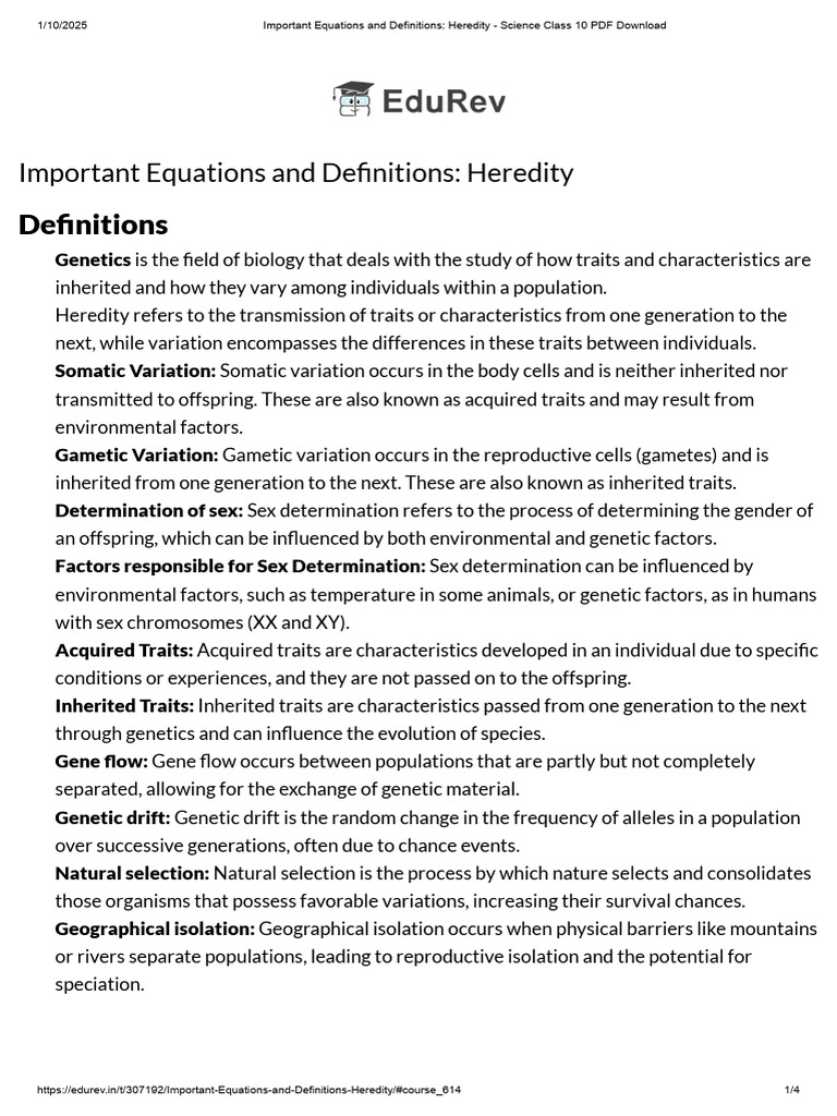 Important Equations and Definitions - Heredity - Science Class 10 PDF ...