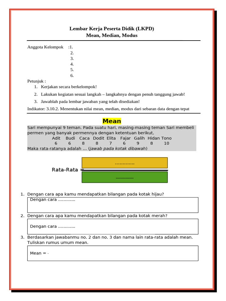 LKPD Statistika (Mean, Media, Modus) | PDF