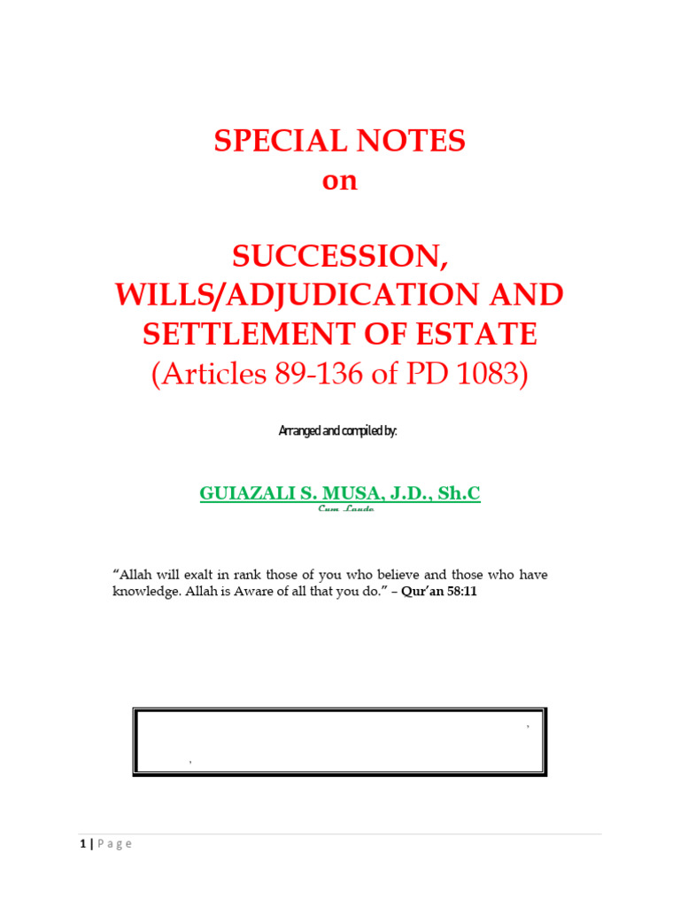 NOTES On Muslim Succession Faraid | PDF | Inheritance | Apostasy