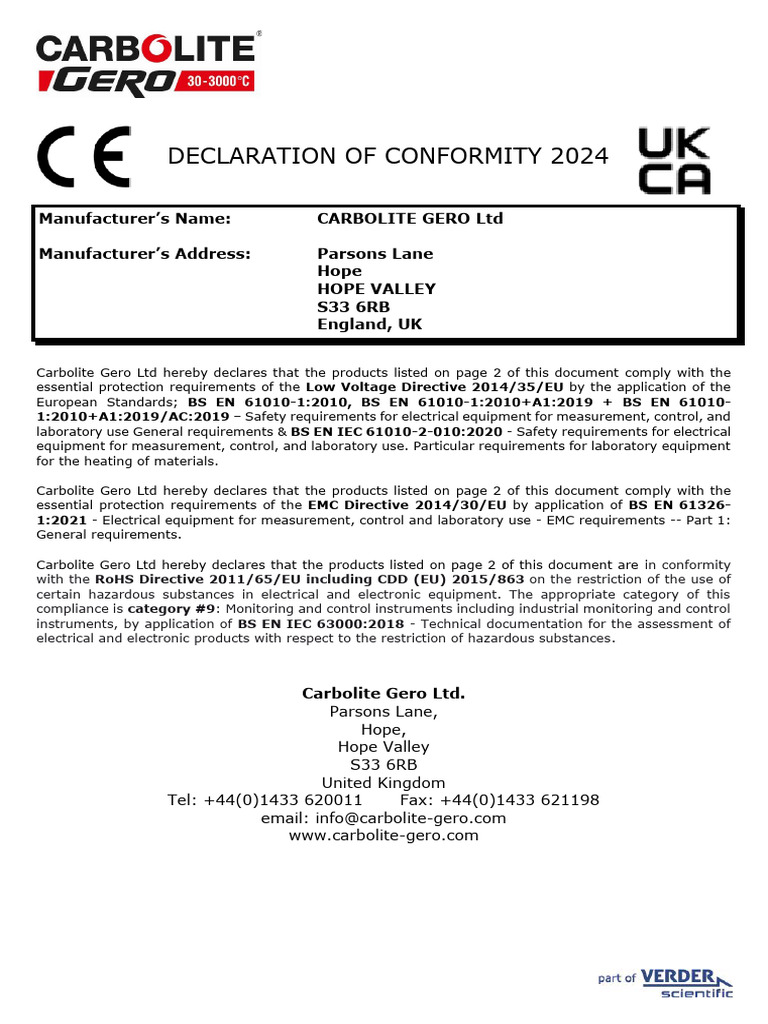 Carbolite Gero 2024 Declaration of Conformity | PDF | Electricity ...