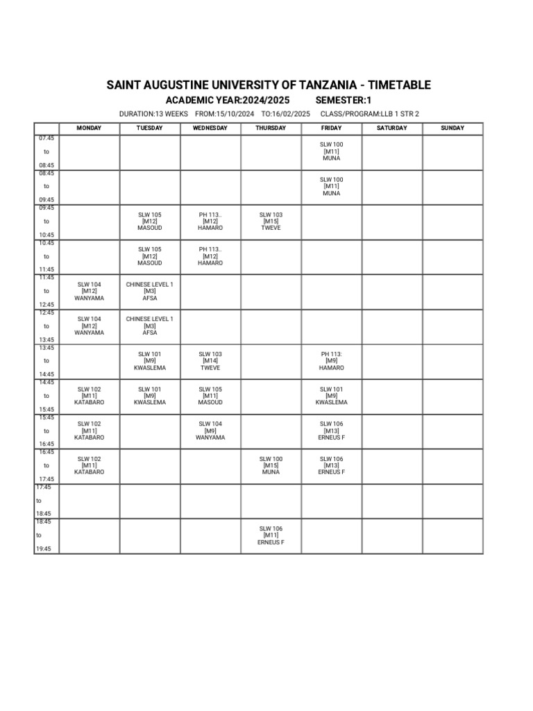 SAUT Timetable 2024/2025 Semester 1 | PDF