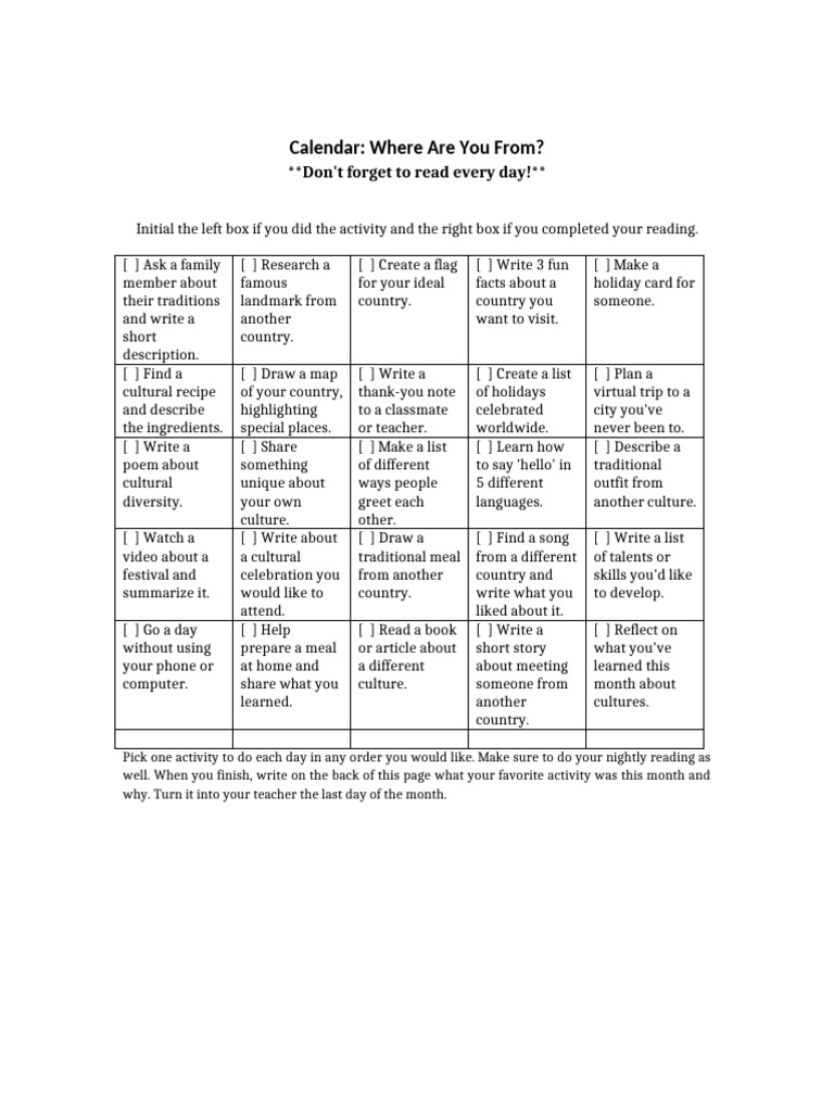Cultural Exploration Activity Calendar | PDF
