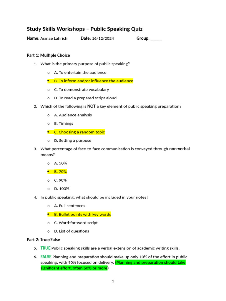 Assessment Test Answers | PDF | Public Speaking | Nonverbal Communication