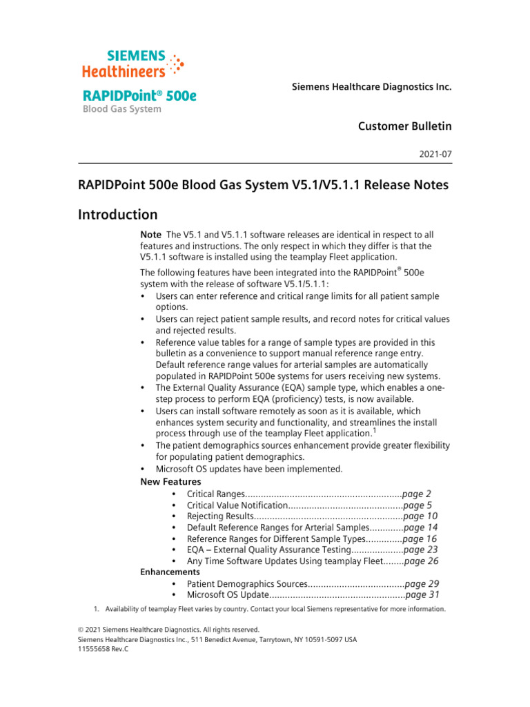 RAPIDPoint 500e V5.1/V5.1.1 Release Notes | PDF | Reference Range ...