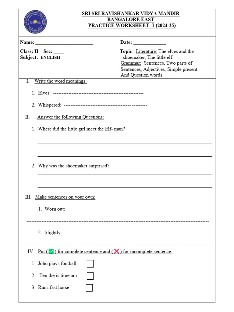 Sri Sri Ravishankar Vidya Mandir Bangalore East PRACTICE WORKSHEET-1 ...