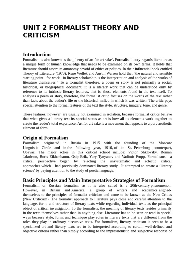 UNIT 2 FORMALIST THEORY AND CRITICISM | PDF | Literary Criticism | Writing