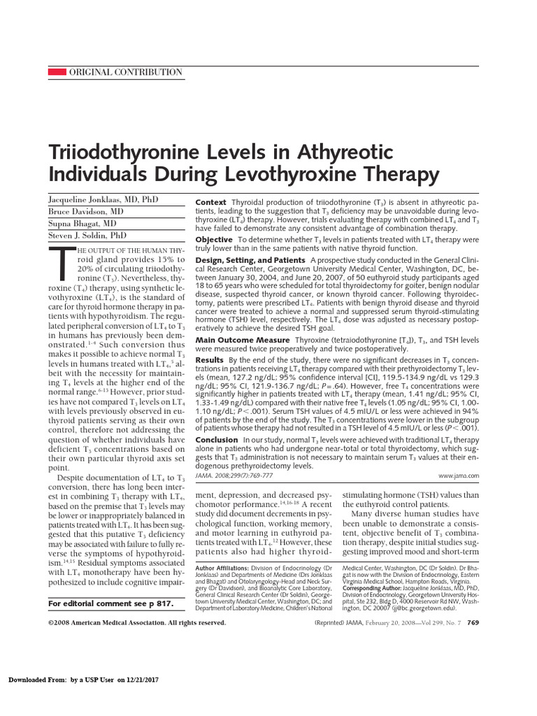 13-Triiodothyronine levels in athyreotic individuals during levothyroxine therapy | PDF ...