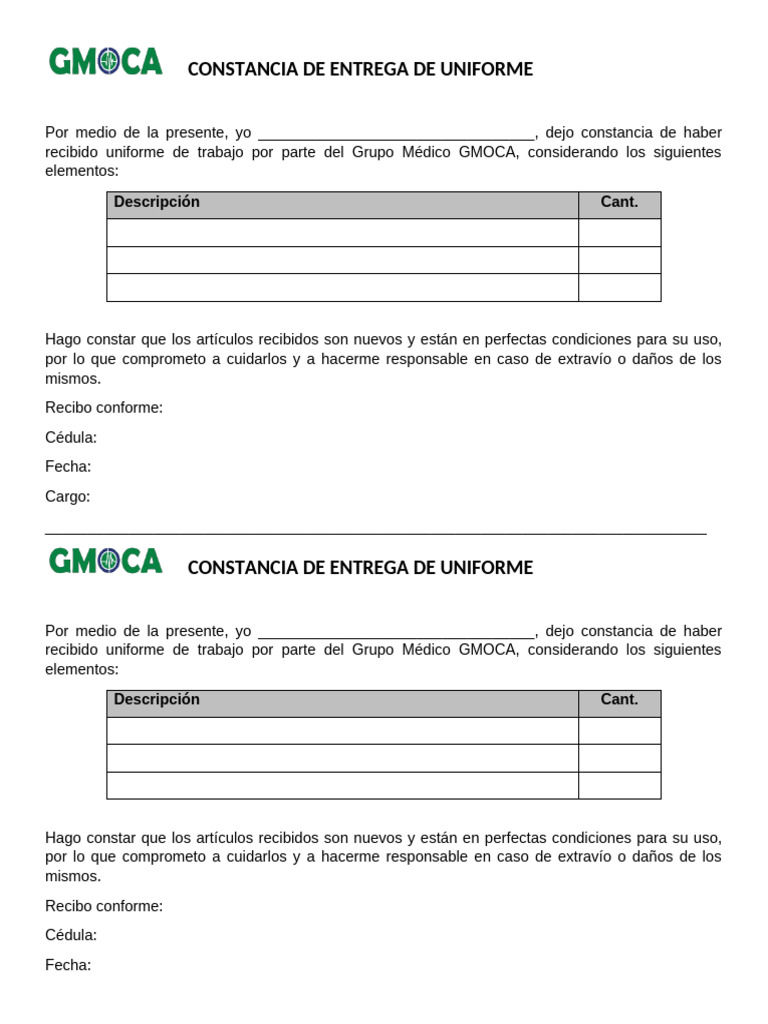 Constancia De Entrega De Uniforme Pdf