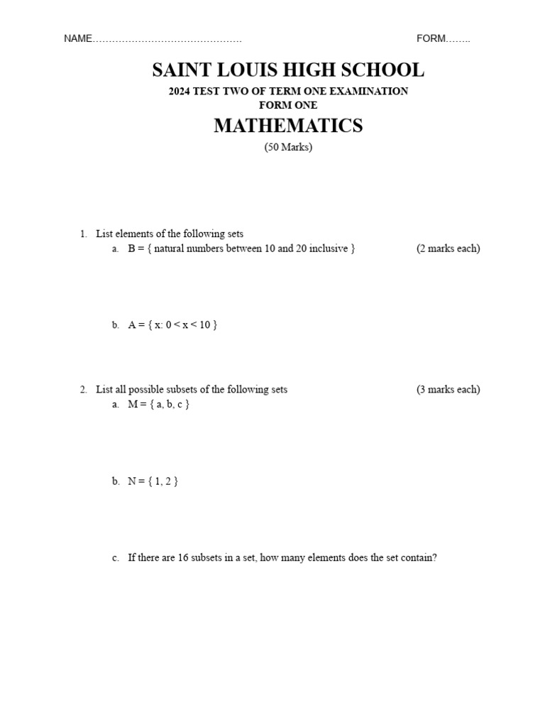 Mathematics Form 1 Test 2 | PDF