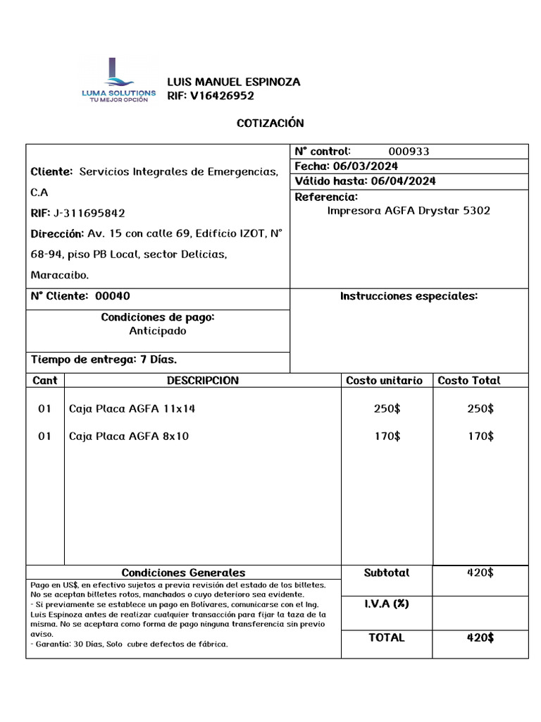 Cotizacion Servicios Integrales | PDF