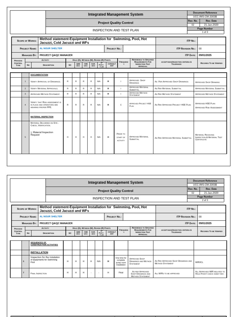 ITP Installation of Equipments For Swimming Pool | PDF | Quality