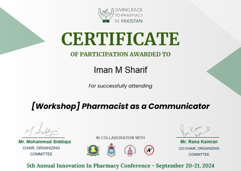 Iman M Sharif --Workshop- Pharmacist as a Communicator- E-Certificate | PDF