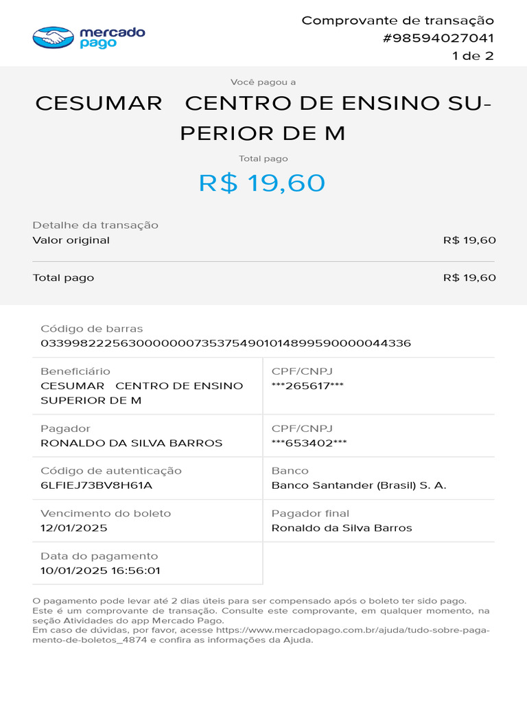 Comprovante de Pagamento CESUMAR | PDF