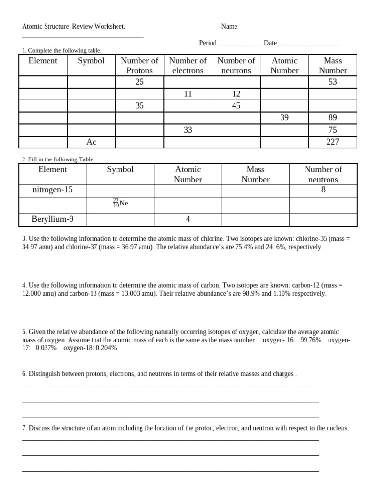 04 Atom-Review-Worksheet | PDF | Atoms | Isotope