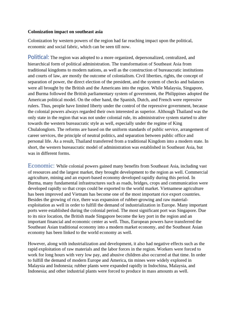 Effects of Colonialism in Southeast Asia | PDF | Southeast Asia | Asia