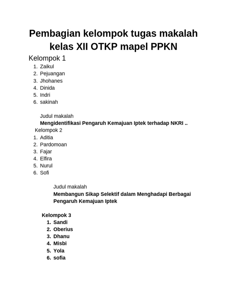 Pembagian Tugas Makalah PPKN Kelas XII OTKP | PDF