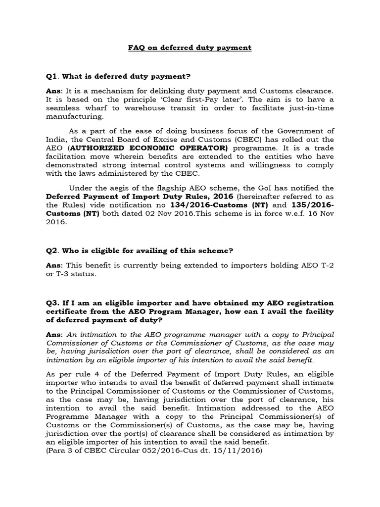 Deferred Duty Payment FAQ Guide | PDF