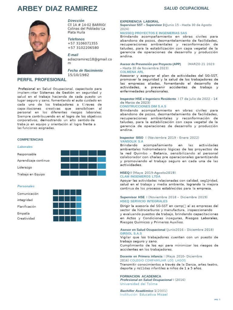 Hoja de Vida - Arbey Diaz Ramirez | PDF | Seguridad y salud ocupacional