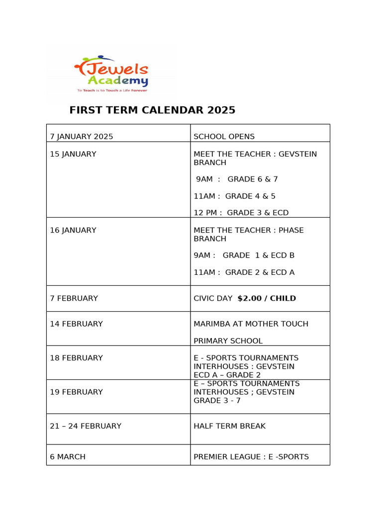 First Term School Calendar 2025 | PDF