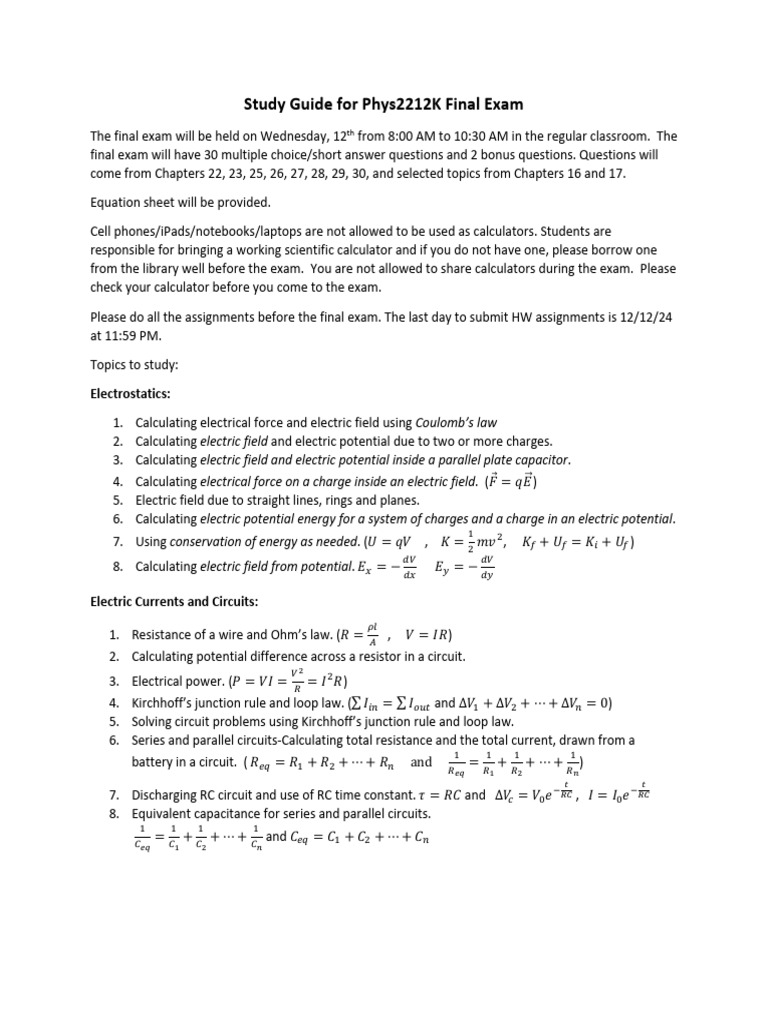 2212KStudyGuideFinal Exam Fall2024 | PDF | Magnetic Field | Quantity