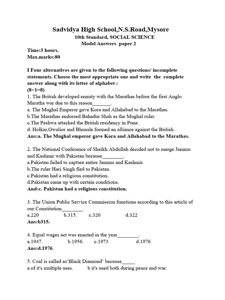 10th Social Science Model Question Paper 2 Key Answers | PDF | Taxes ...