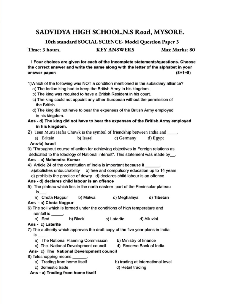 10th SOCIAL SCIENCE Paper - 3, Model Question Paper With Key Answer ...