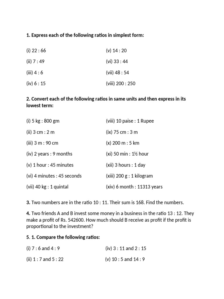 Ratio Proportion and Unitary Method | PDF | Ratio | Area