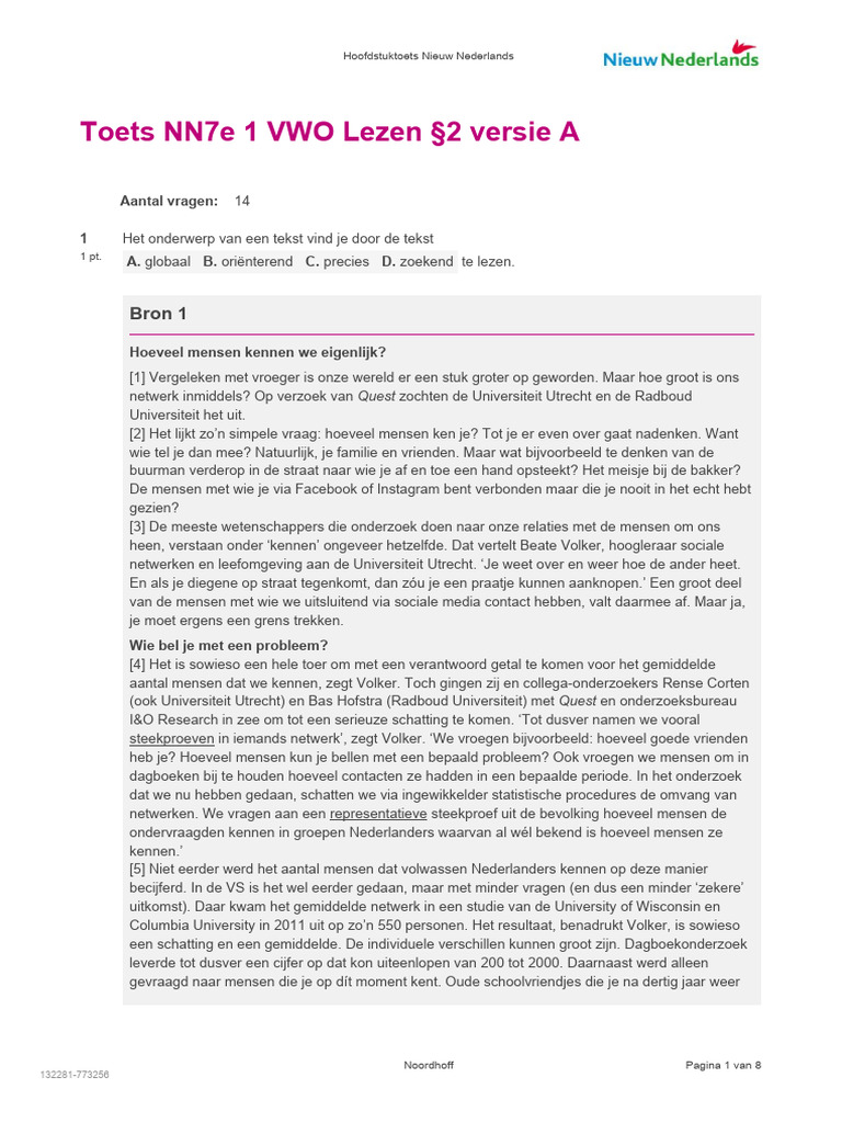 Toets NN7e 1 VWO Lezen §2 Versie a-Toetsvragen | PDF