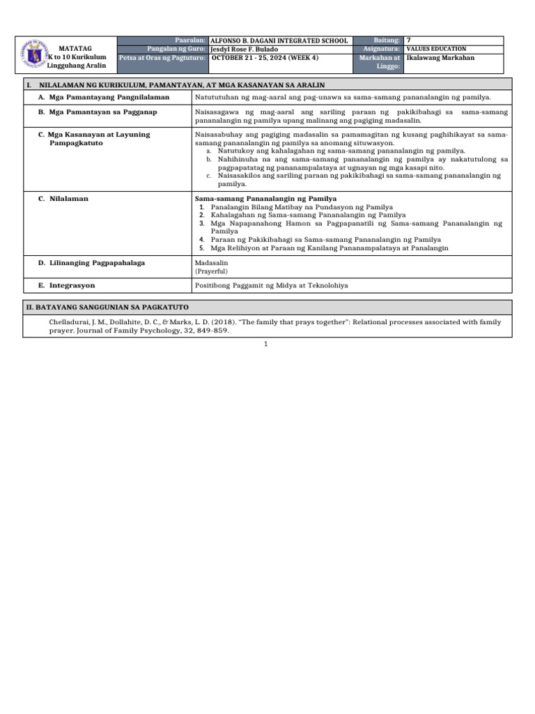 DLL Matatag - Values Education 7 Q2 W4 | PDF
