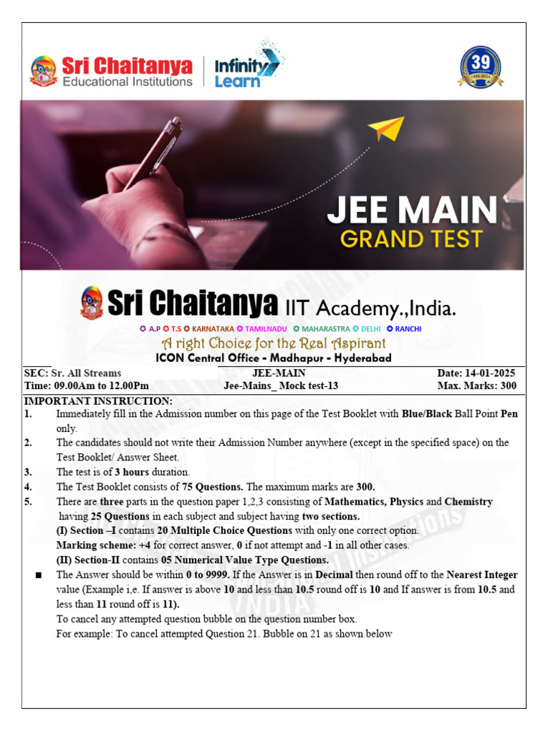JEE Main Mock Test 13 Instructions | PDF | Physics | Applied And ...