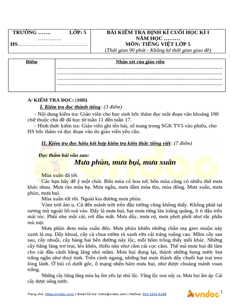 De Thi hk1 Lop 5 Mon Tieng Viet Nam 2022 2023 | PDF