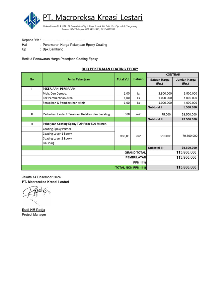 Penawaran Harga Epoxy Coating Medan | PDF