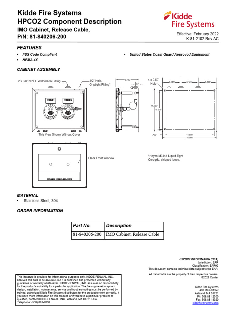 Kidde HPCO2 IMO Cabinet-Release Cable K-81-2102 | PDF
