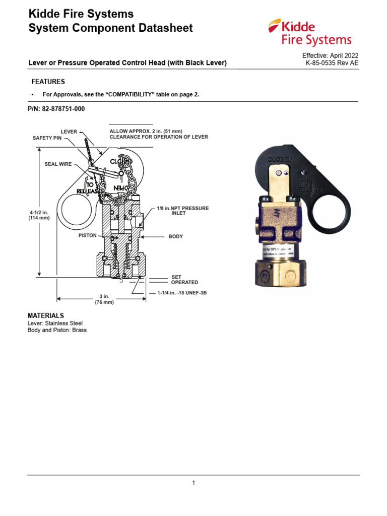 Kidde Lever or Pressure Operated Control Head With Black Lever K-85 ...