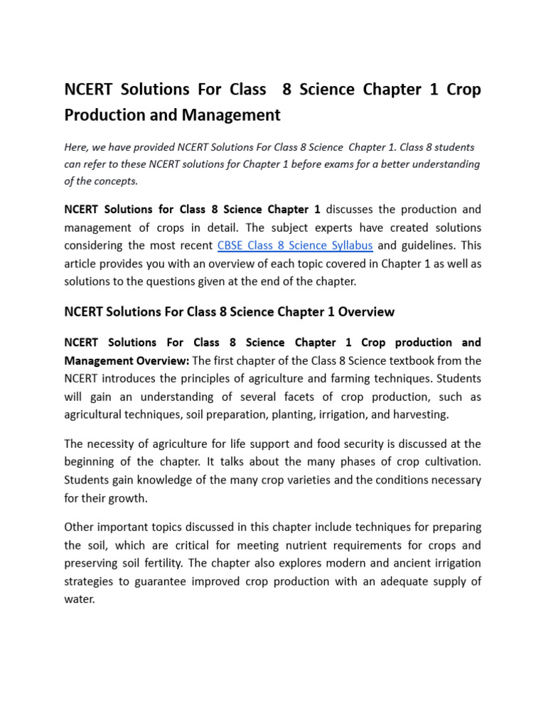 NCERT Solutions For Class 8 Science Chapter 1 Crop Production and ...
