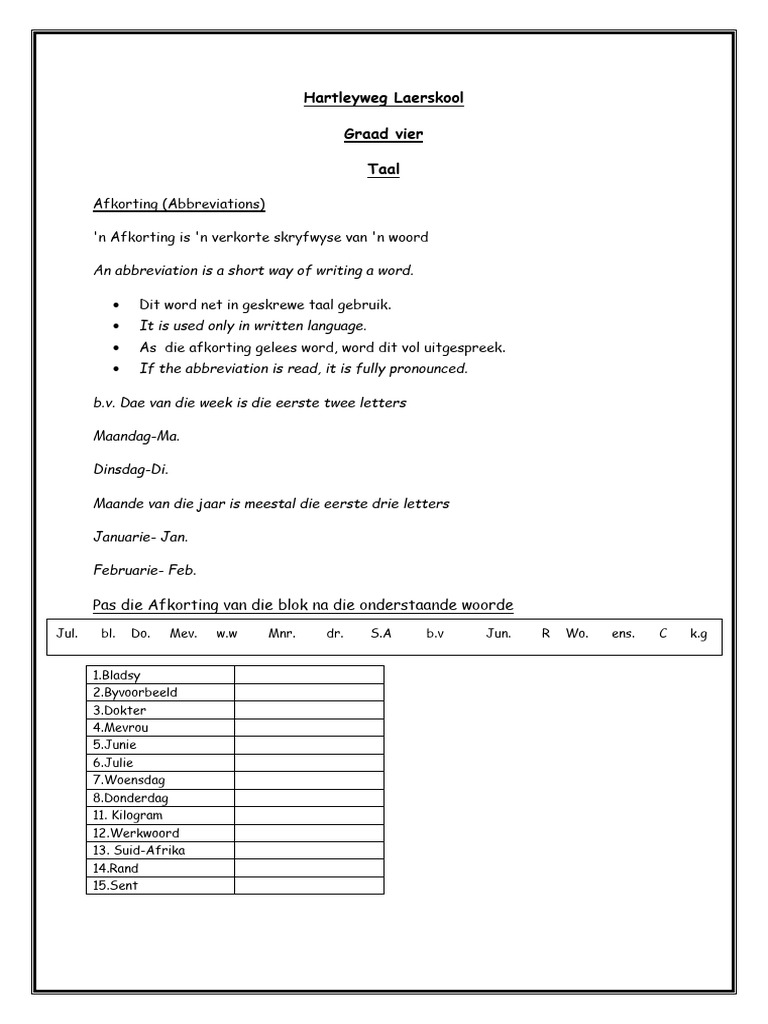 4.3 Afrikaans GR 4 Taal-Afkortings | PDF