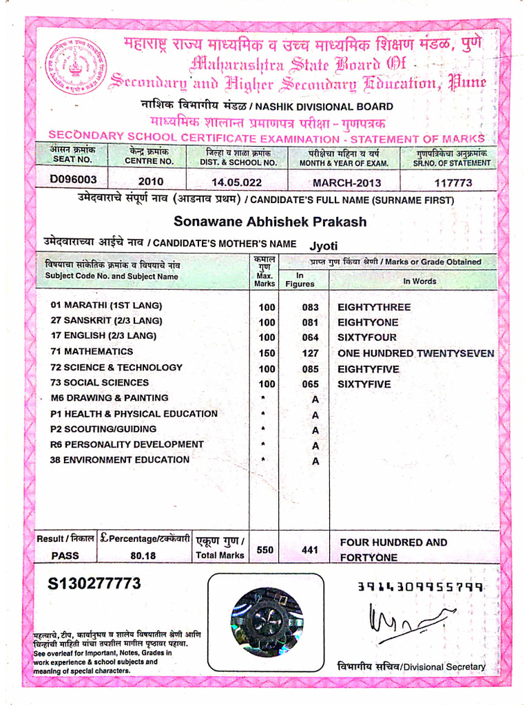 10th Marksheet | PDF