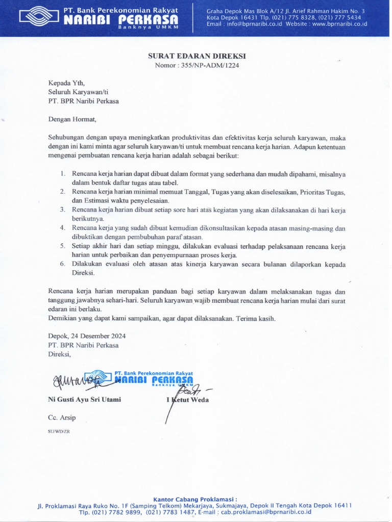 Surat Edaran Rencana Kerja Harian Karyawan | PDF