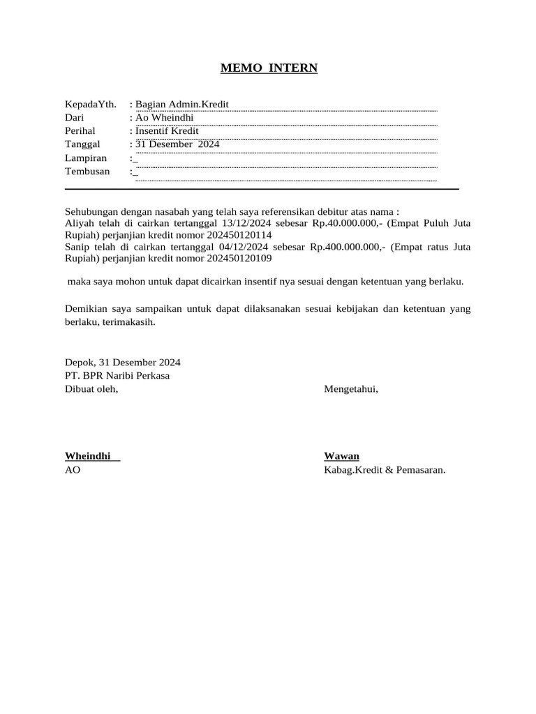 Memo Insentif Kredit | PDF