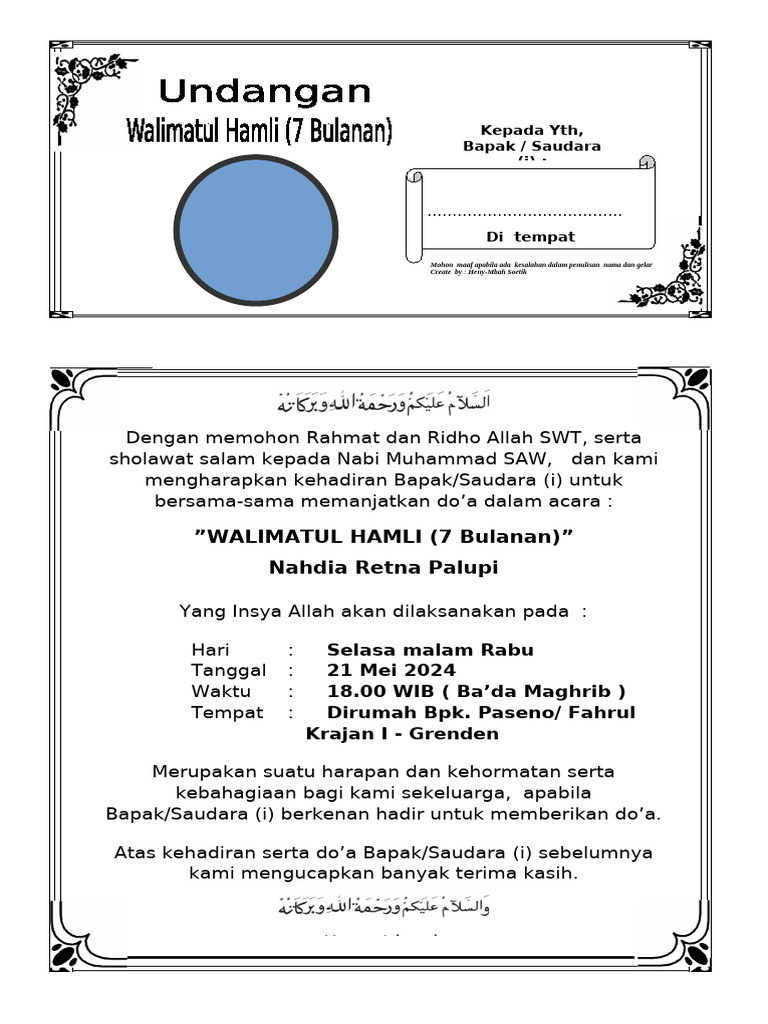 Undangan Walimatul Hamli 7 Bulanan | PDF