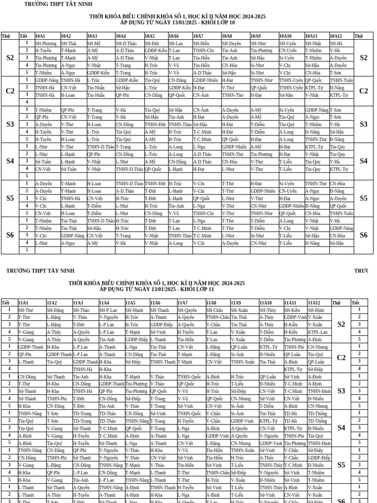 TKB CK HKII_So 1_Ap Dung Tu Ngay 13-1-2025 Ct | PDF