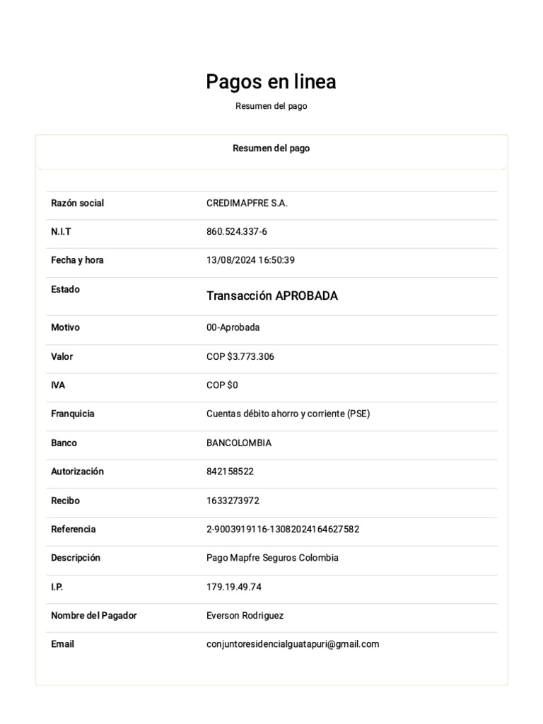 Pago Aprobado Mapfre Seguros 2024 | PDF