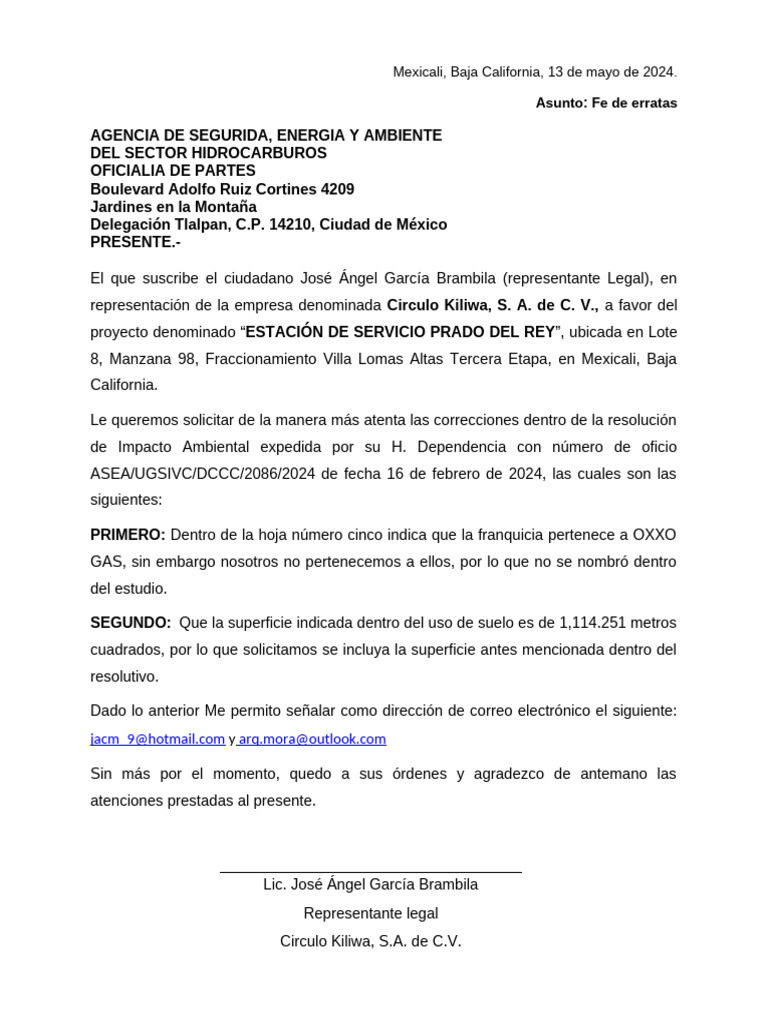 Oficio para ASEA Correccion Fe de Erratas | PDF