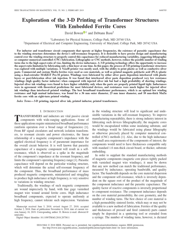 Exploration of the 3D printing of transformer structures with embedded ferrite cores | PDF ...