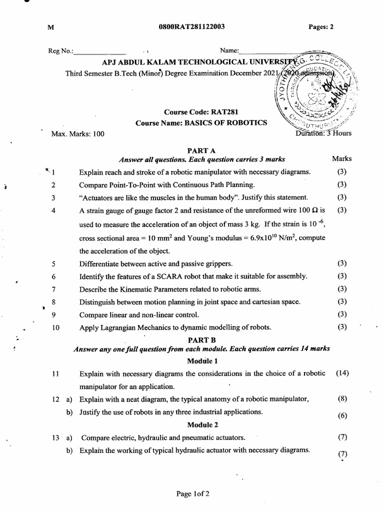 Btech Rat 3 Sem Basics of Robotics Rat281 Dec 2021 | PDF | Robotics | Coordinate System