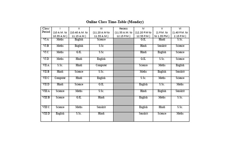 Class Wise Time Table 12th Jan 6-8 | PDF