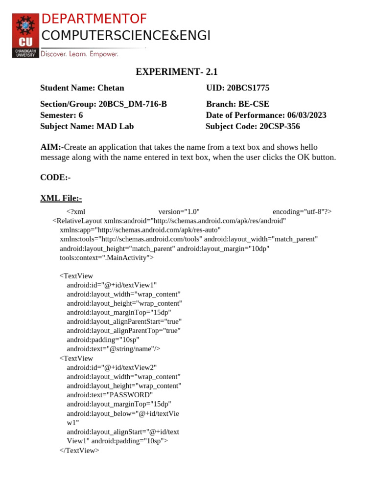 20BCS7375 Worksheet-2.1 Mad | PDF | Android (Operating System) | Software Engineering