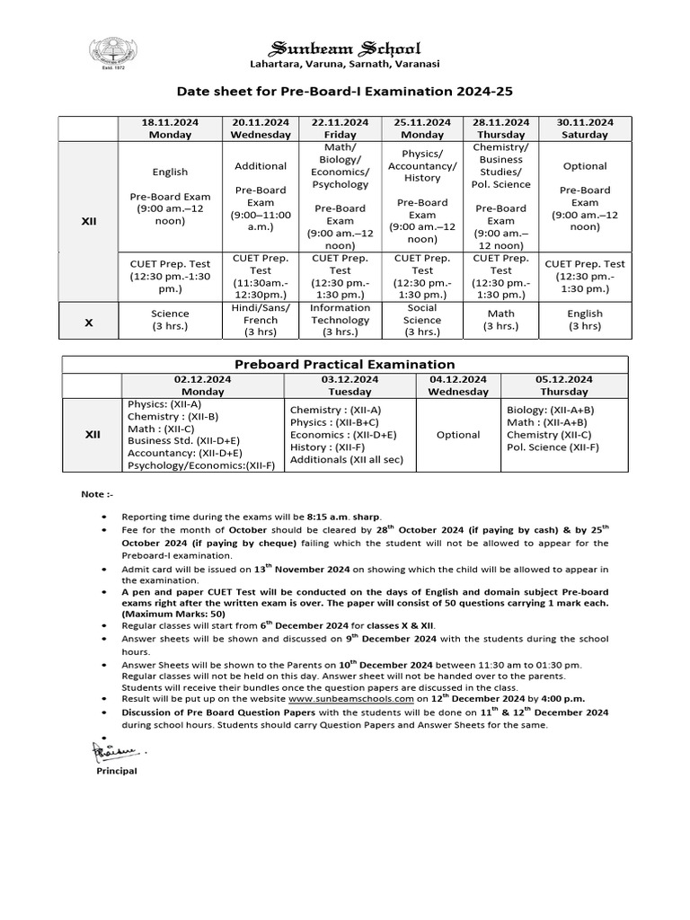 Date Sheet for Pre-Board I and Preboard II 2024 | PDF