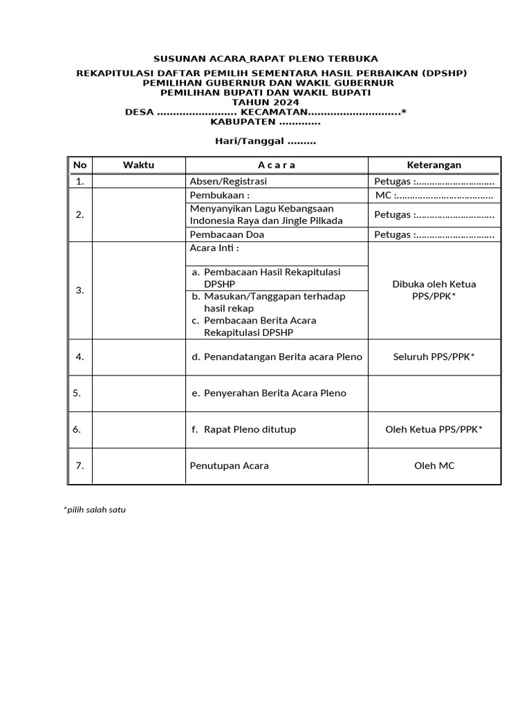 02 Draft Susunan Acara Pleno DPSHP PPS_PPK | PDF