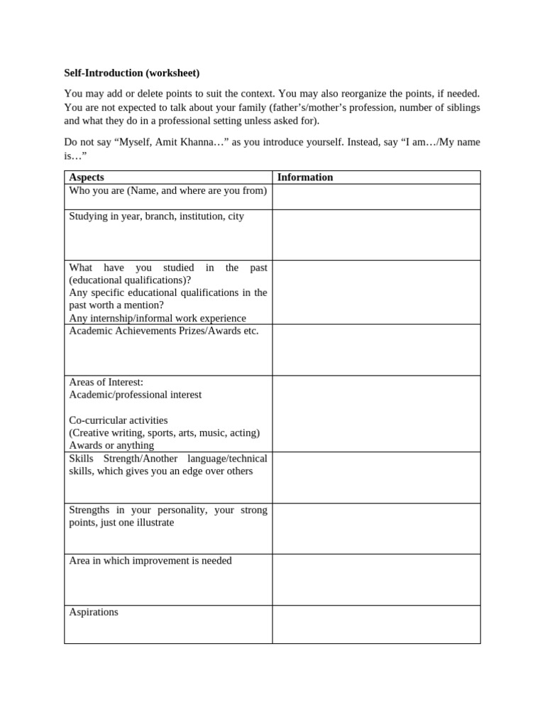 Self Intro. Worksheet | PDF